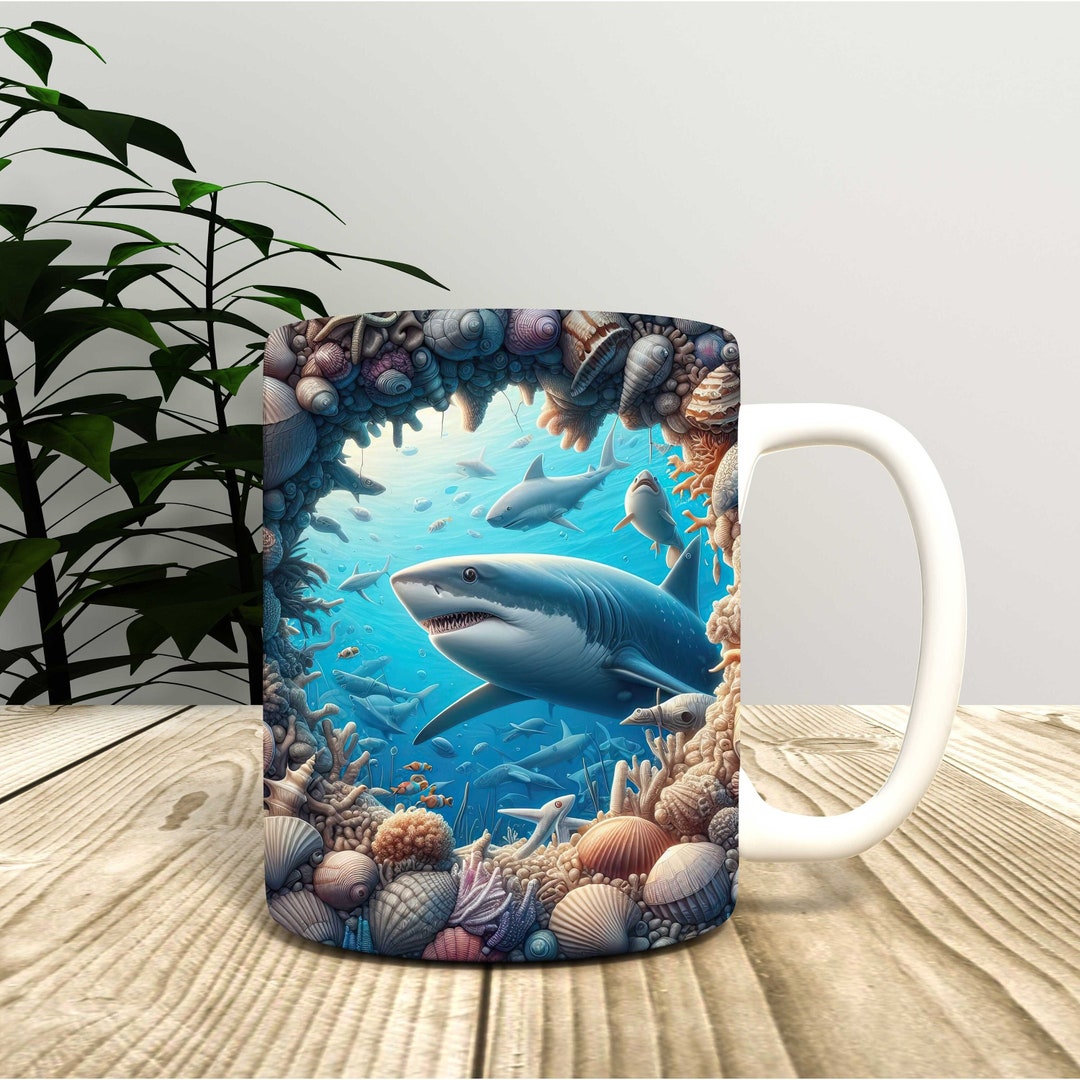 3D Shark Undersea Mug Wrap PNG Sublimation, 11 Oz Mug, 3D Blue Sea ...