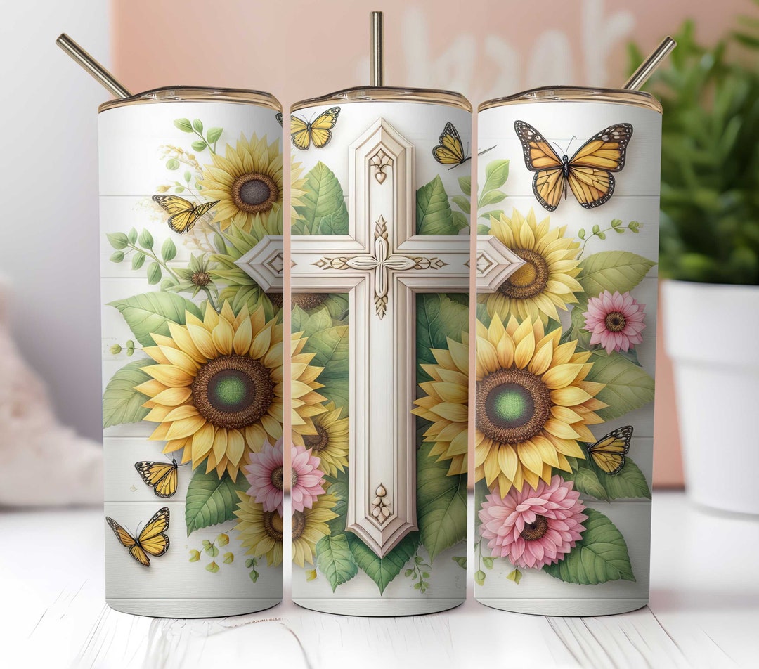 Sunflower Cross Tumbler Wrap PNG Sublimation, 20 Oz Skinny Straight ...