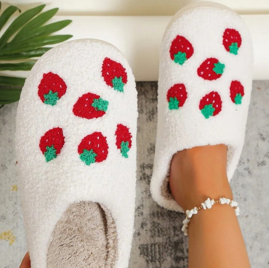 Strawberry Slippers White Fluffy Cosy Slippers - Etsy UK
