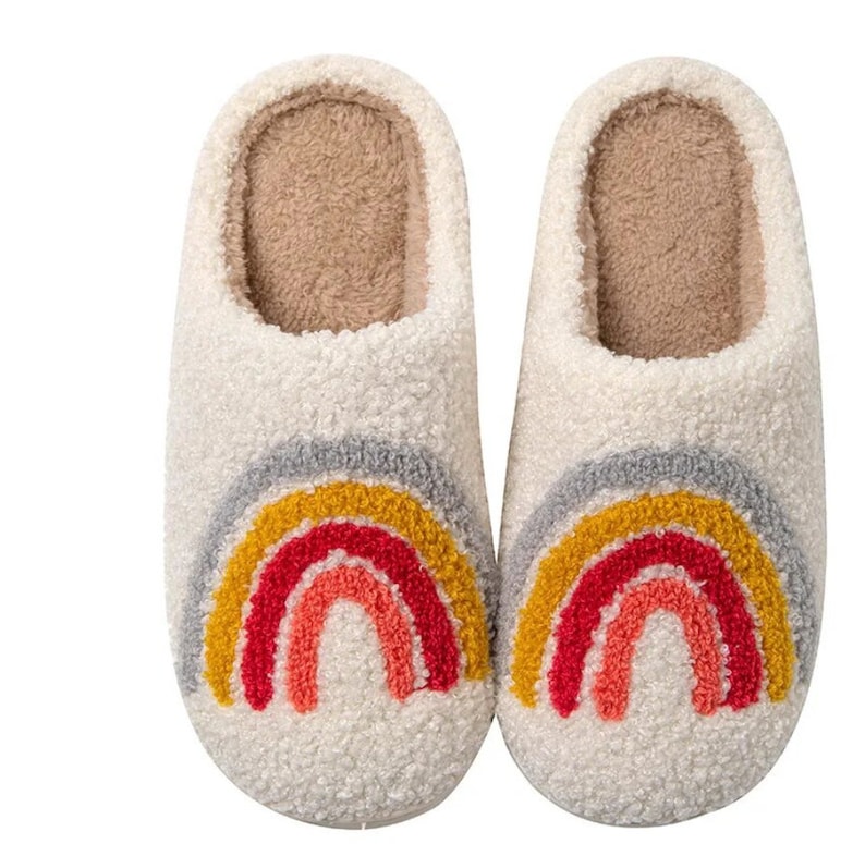 Rainbow Cosy Slippers Fluffy White Warm Slippers Christmas Gift for Her ...
