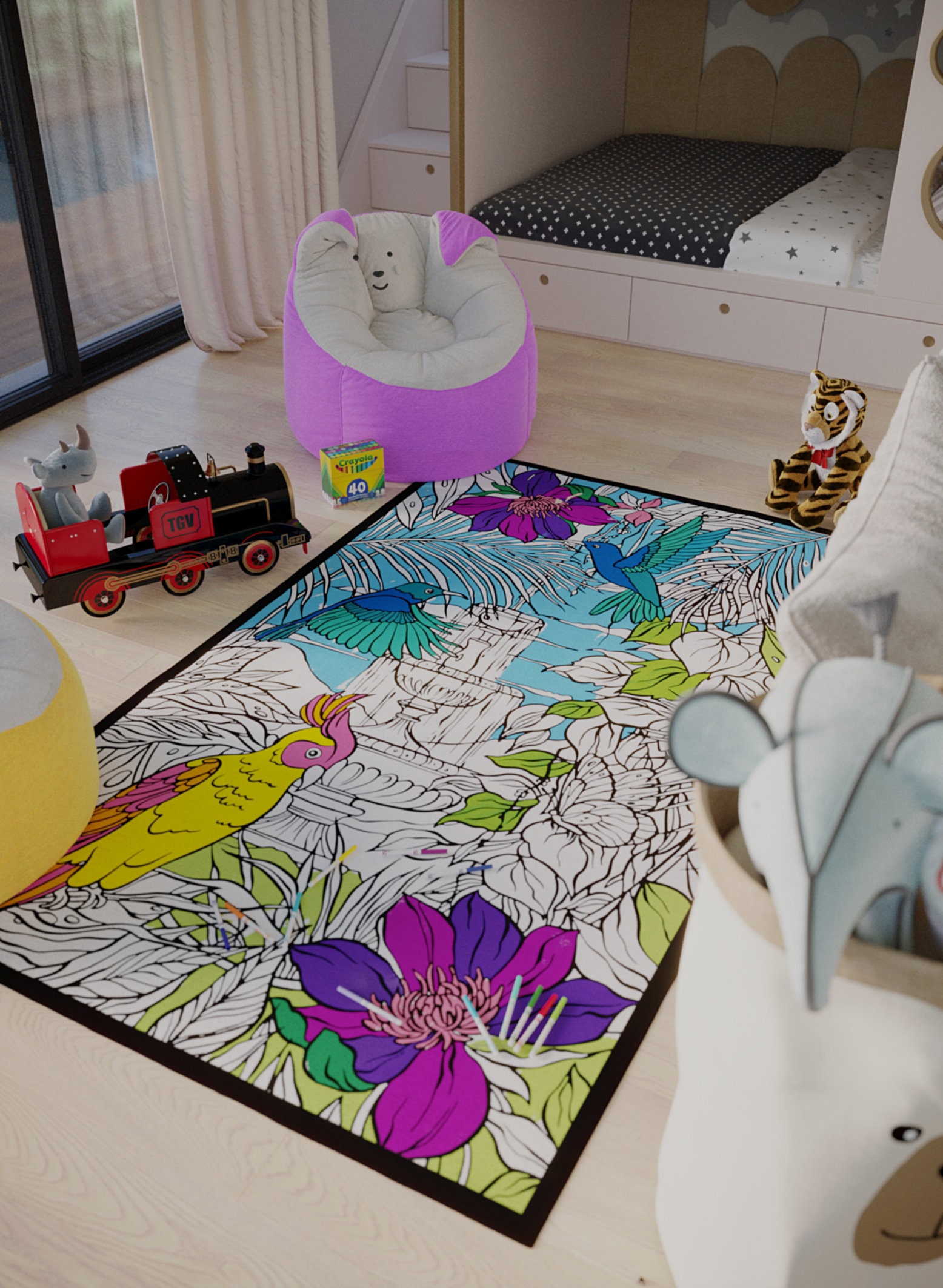 Kid Boy's Gift Idea: Animal Safari Coloring Book Rug With Washable ...