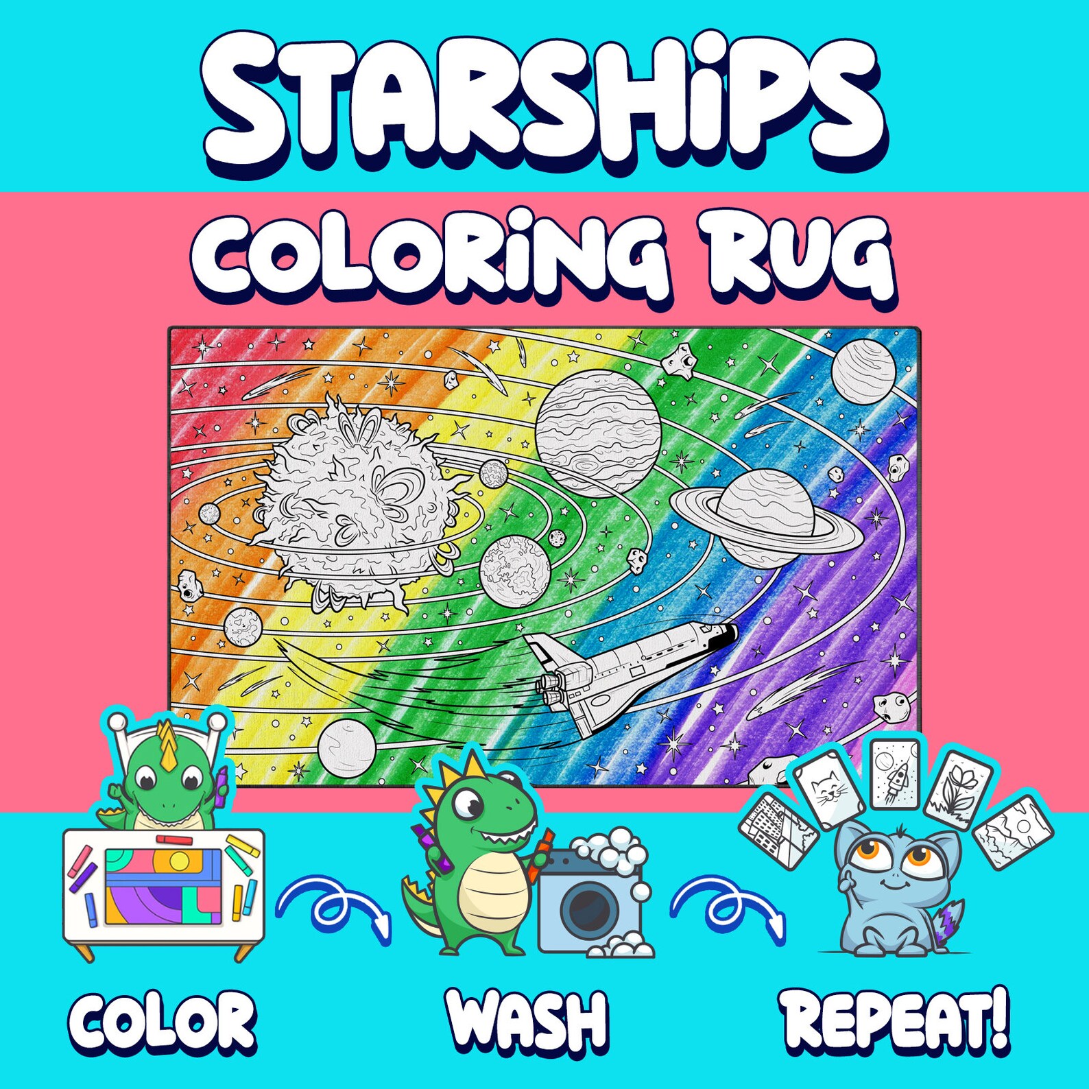 Planets Space Art Kid Coloring Poster Rug Washable Marker Placemat ...