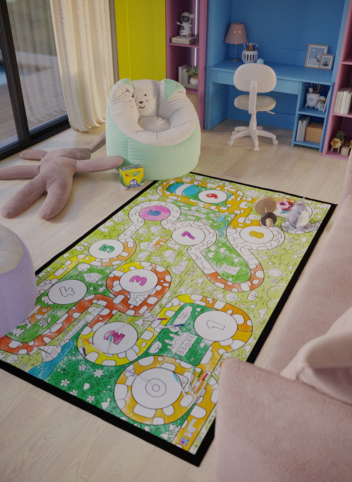Hopscotch Coloring Poster Rug Washable Reusable Activity Playroom ...