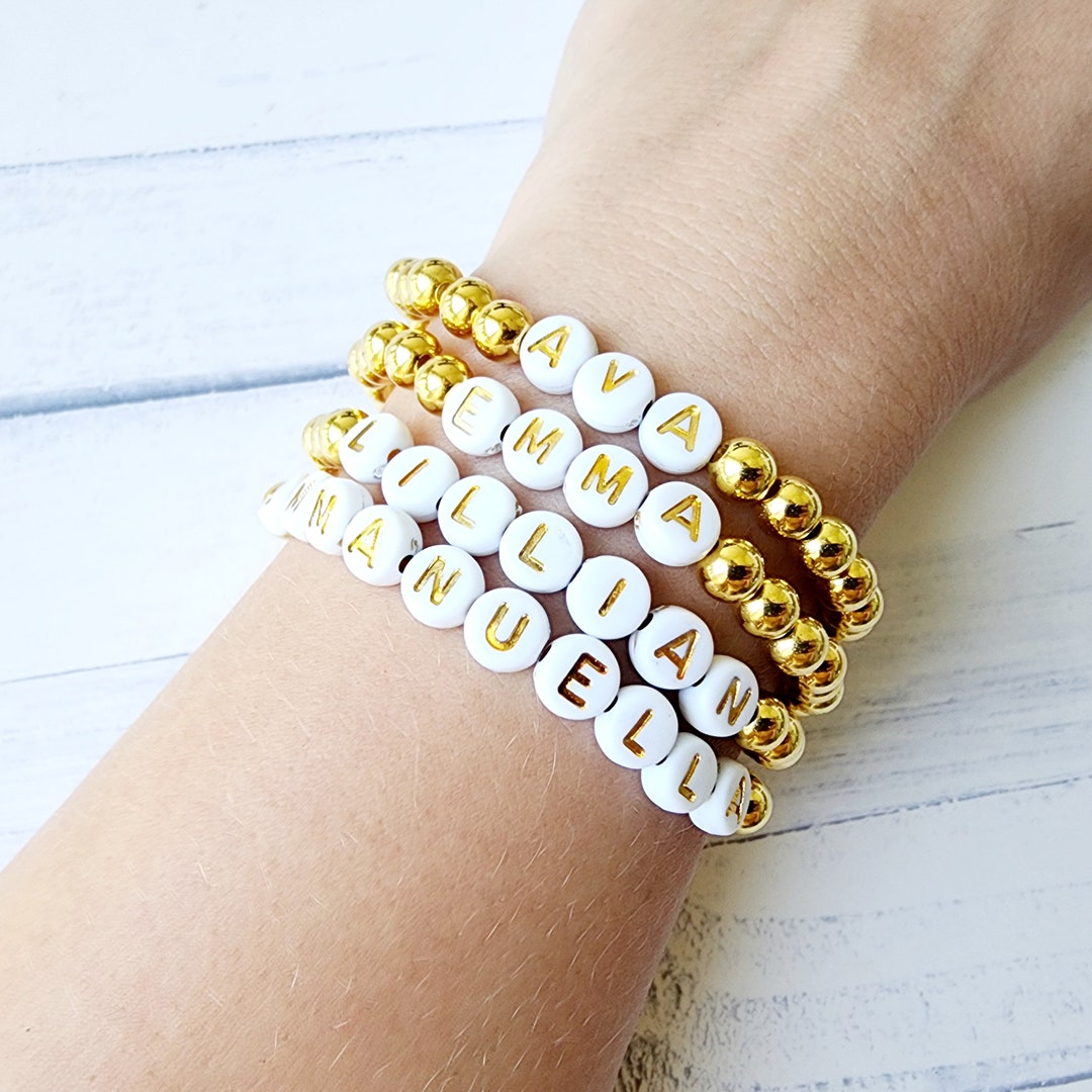 Gold Initial Bracelets, Custom Name Beaded Bracelet, Personalized Name ...
