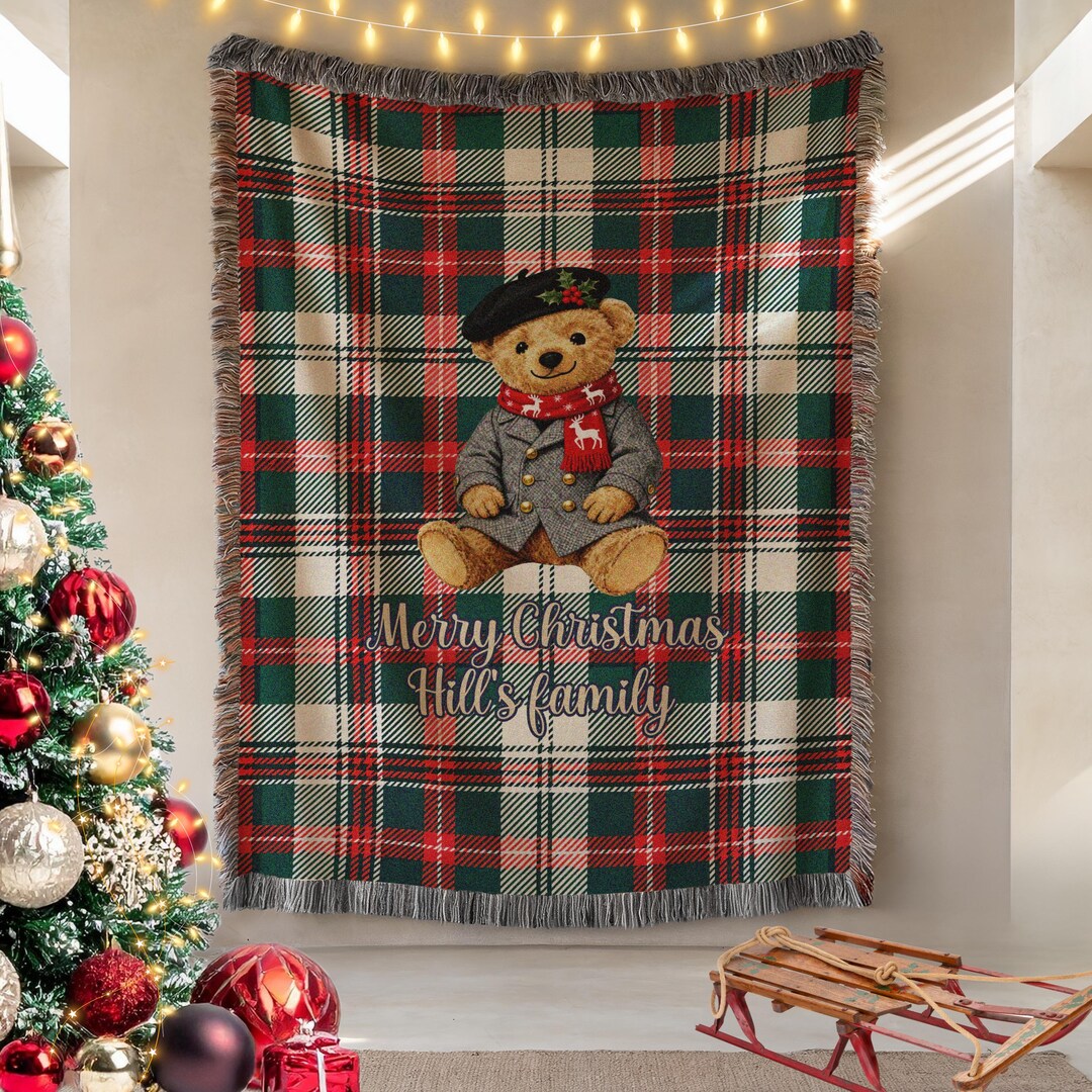 Personalized Tartan Teddy Bear Throw & Cushion Set, Christmas Decor - Etsy