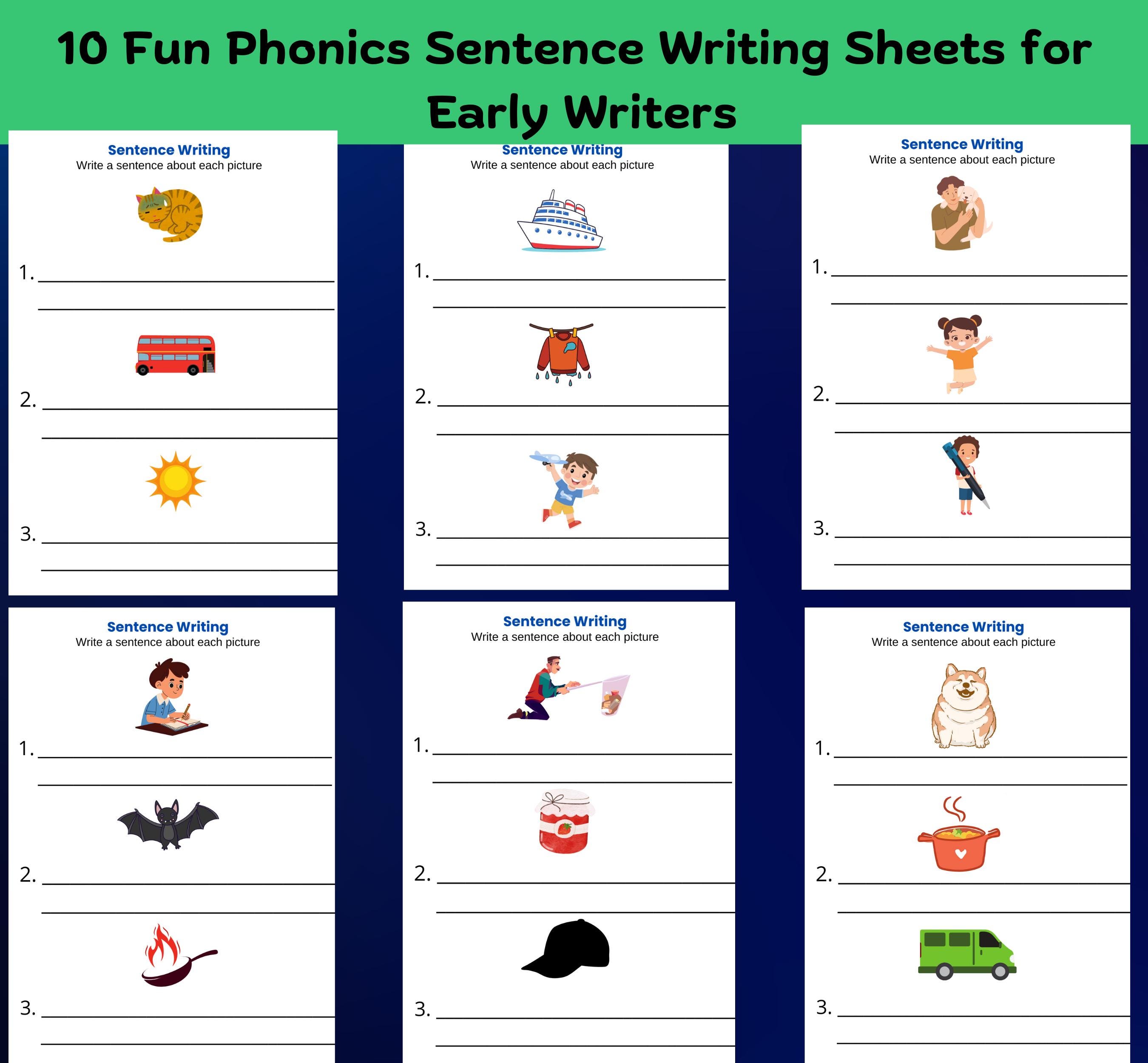 Phonics Sentence Writing Worksheets: Picture Prompts, Kindergarten ...