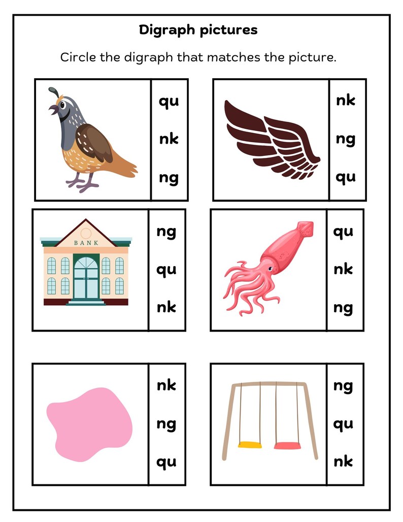 Phonics Digraph Worksheets for Kids | Match Sounds to Pictures| Early ...