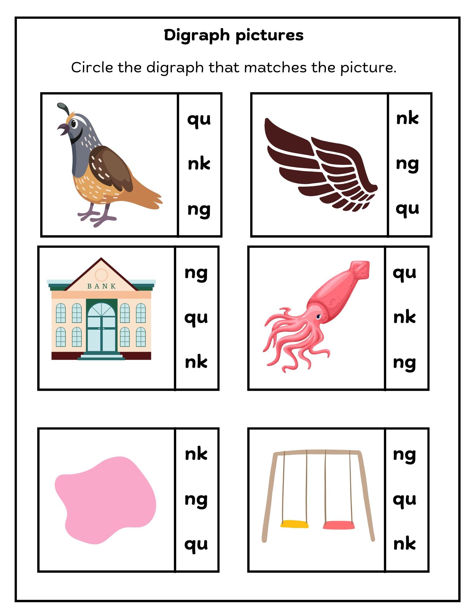 Phonics Digraph Worksheets for Kids | Match Sounds to Pictures| Early ...