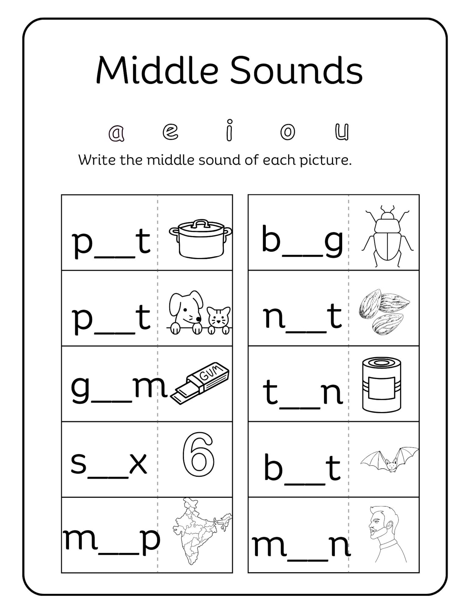 Phonics Worksheet, Middle Sound Worksheets, Write the Missing Letter ...