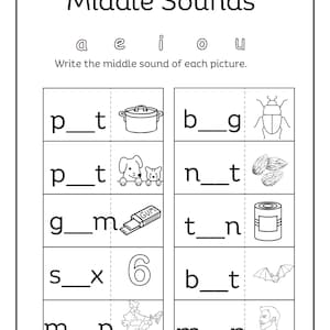 Phonics Worksheet, Middle Sound Worksheets, Write the Missing Letter ...