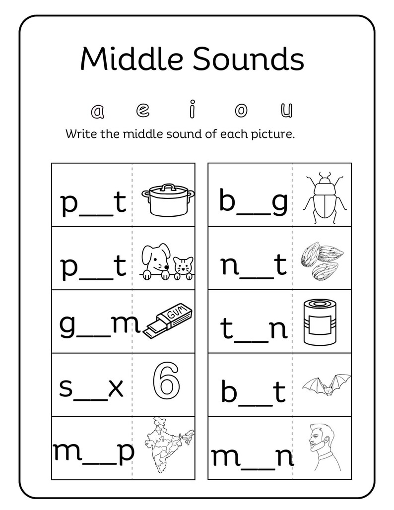 Phonics Worksheet, Middle Sound Worksheets, Write the Missing Letter ...