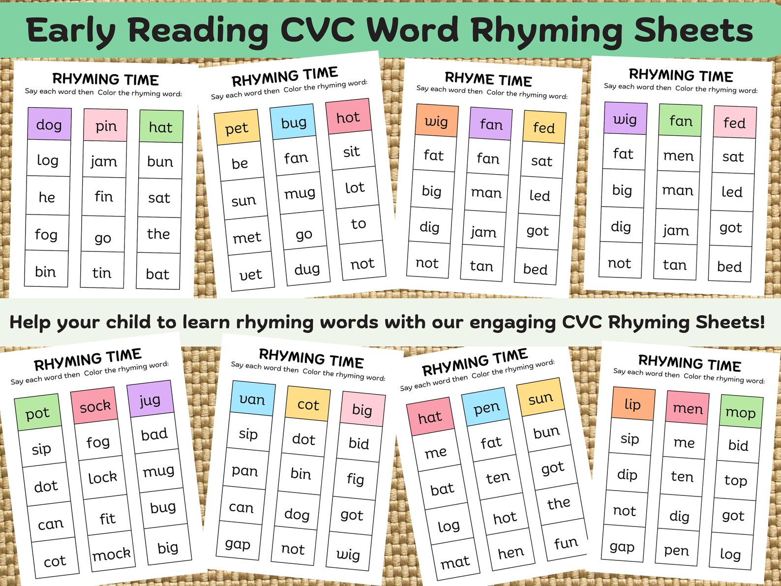 Early Reading CVC Word Rhyming Sheets, Foundation Stage Phonics CVC ...