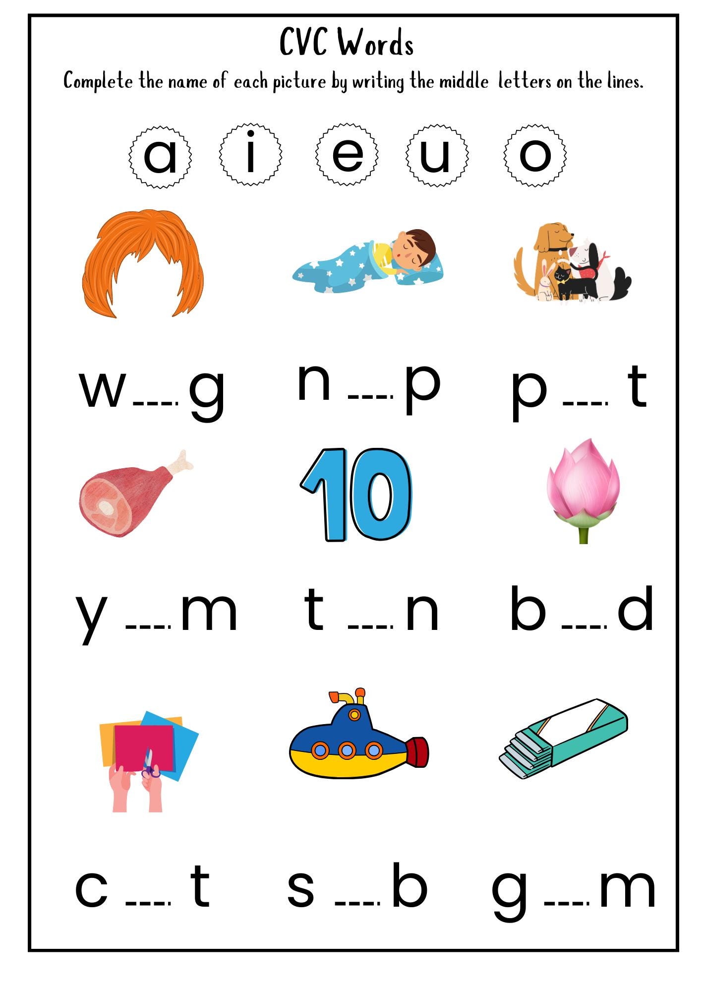 Phonics CVC Words Middle Sound Worksheets | 10 Pages of Vowel Sound ...