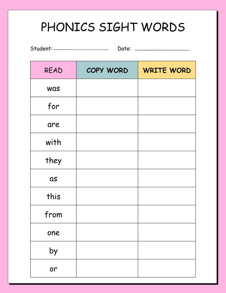 Phonics Sight Words Practice Printable Fry's First Sight Word ...