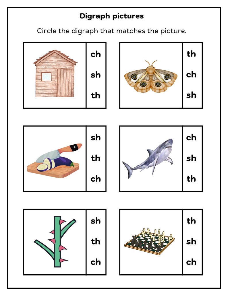 Phonics Digraph Worksheets for Kids | Match Sounds to Pictures| Early ...