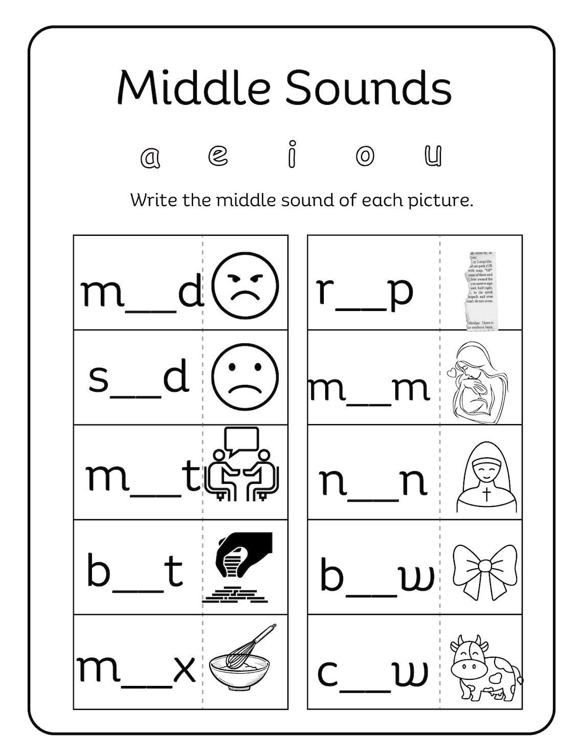 Phonics Worksheet, Middle Sound Worksheets, Write the Missing Letter ...