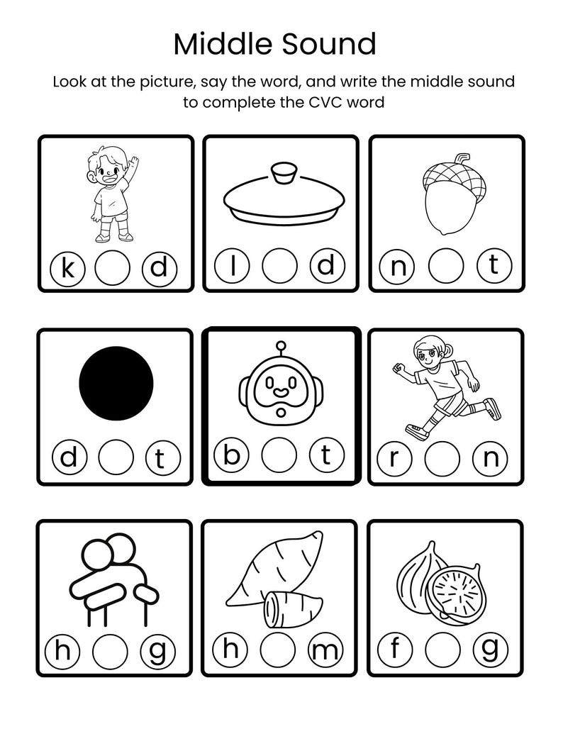 Phonics CVC Words Worksheets: Middle Sounds Activity (printable) - Etsy
