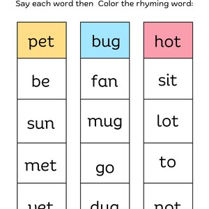 Early Reading CVC Word Rhyming Sheets, Foundation Stage Phonics CVC ...
