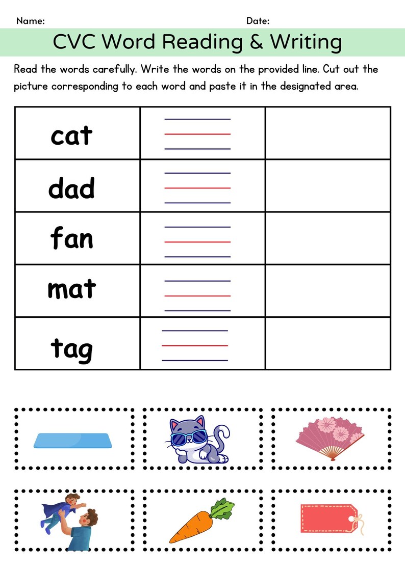 Phonics CVC Words Sheets, Reading and Writing Practice, Kindergarten ...
