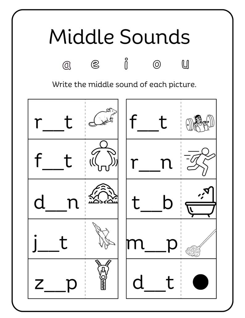 Middle Sounds Phonics Worksheet: CVC Words, Early Reading (printable ...