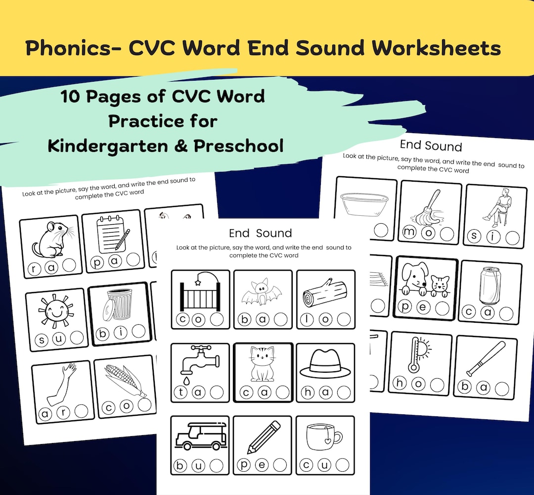 Kids Three Letters Word End Sound Worksheets, Phonics Printable for ...