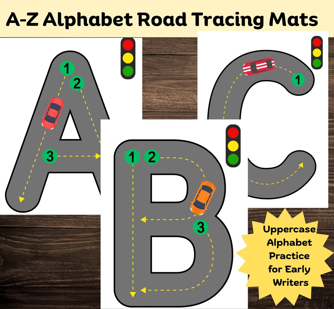 Alphabet Road Tracing Worksheets: A-Z Uppercase Car Theme (digital ...