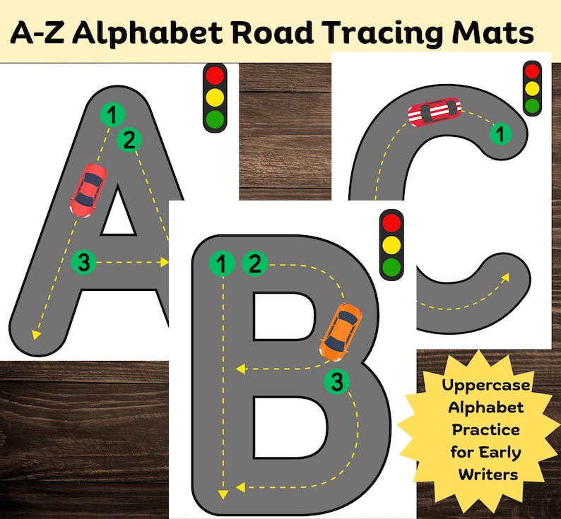 Alphabet Road Tracing Worksheets: A-Z Uppercase Car Theme (digital ...