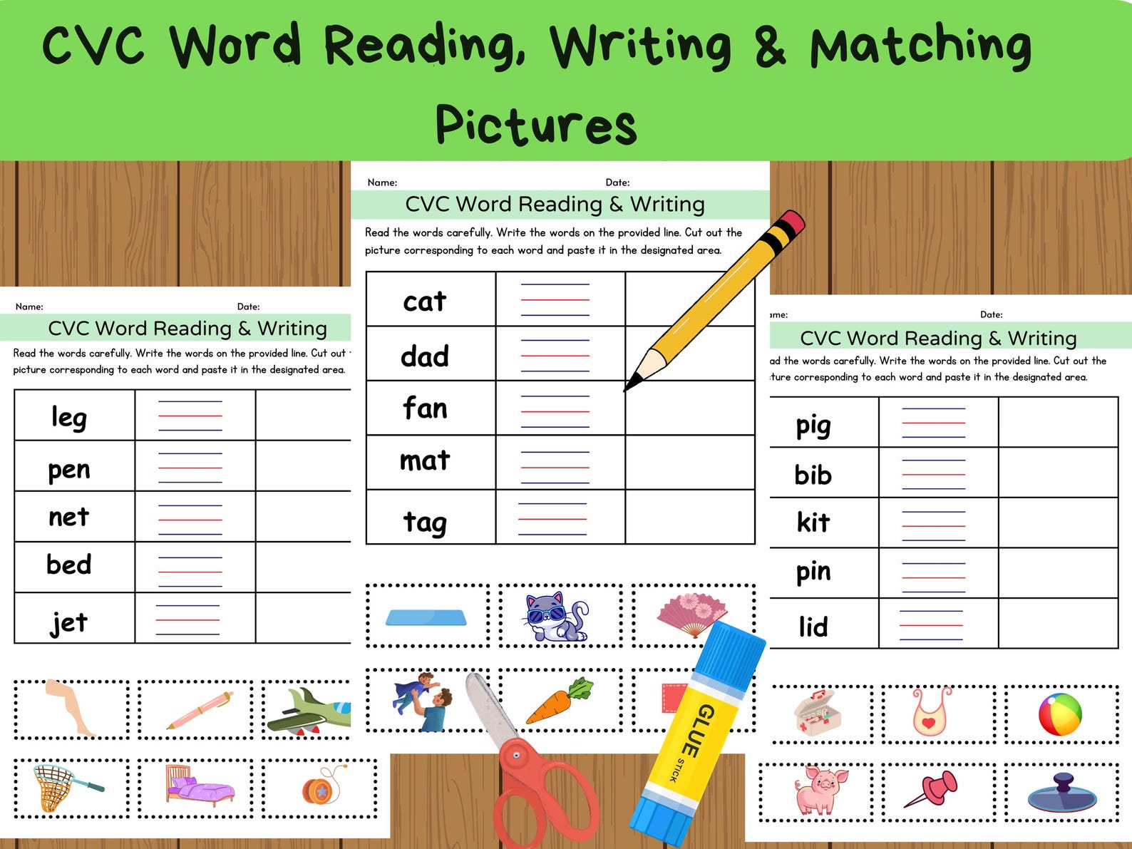 Phonics CVC Words Sheets, Reading and Writing Practice, Kindergarten ...