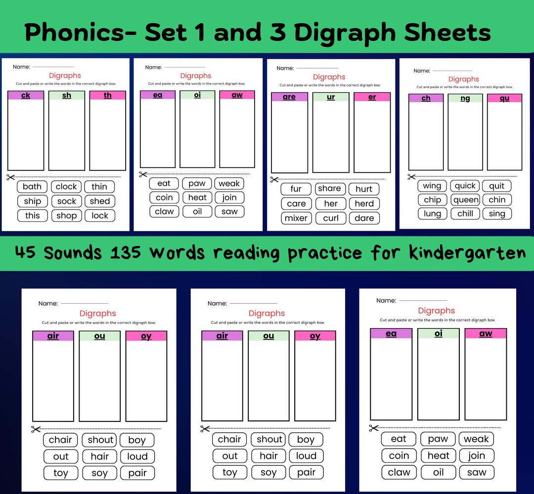 Phonics Digraph Worksheets: Kindergarten Reading & Writing Activities ...