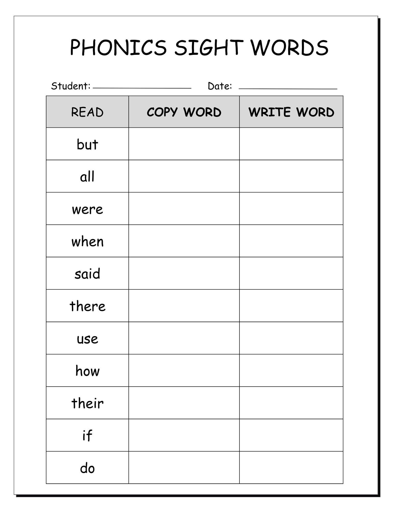 Phonics Sight Words Practice Printable Fry's First Sight Word ...