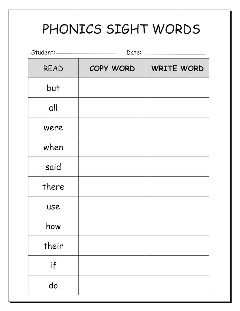 Phonics Sight Words Practice Printable Fry's First Sight Word ...