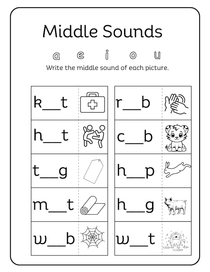 Phonics Worksheet, Middle Sound Worksheets, Write the Missing Letter ...