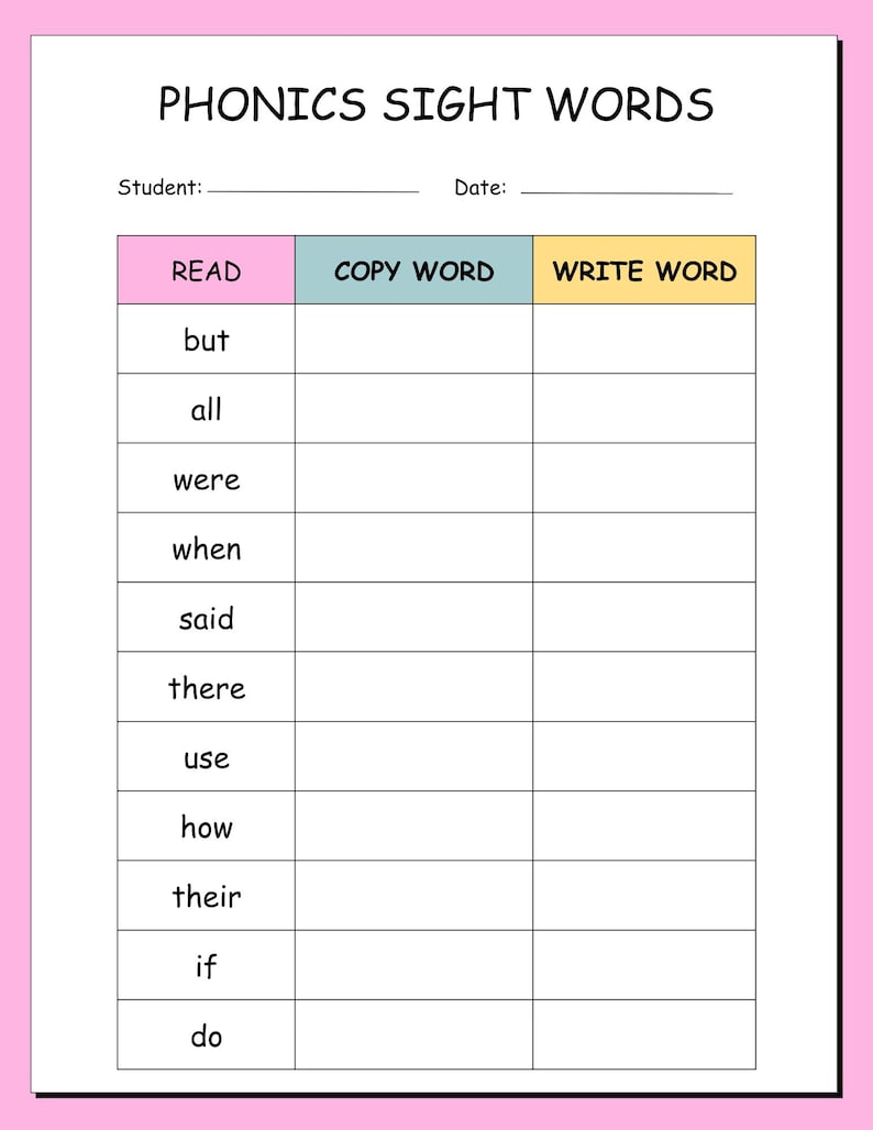 Phonics Sight Words Practice Printable Fry's First Sight Word ...