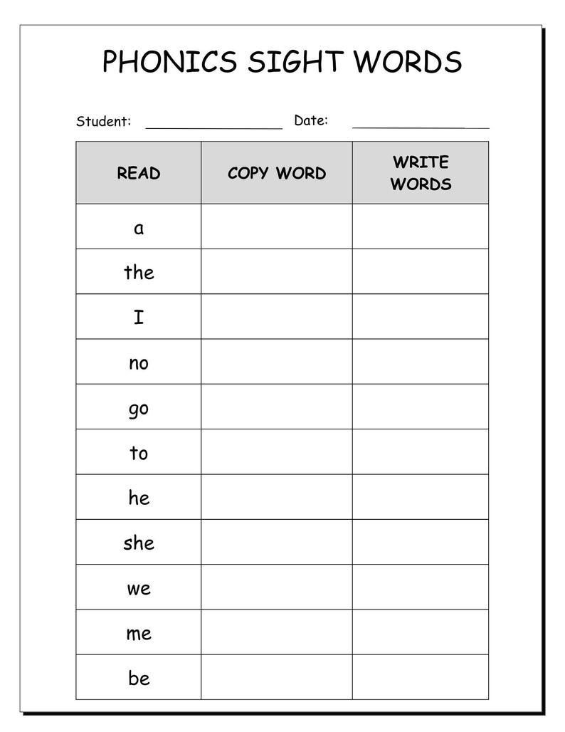Phonics Sight Words Practice Printable Fry's First Sight Word ...