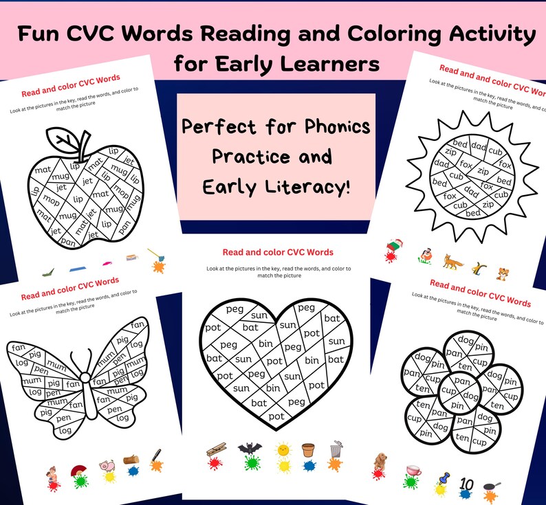 Printable CVC Words Reading and Coloring Activity Sheets - Fun Phonics ...