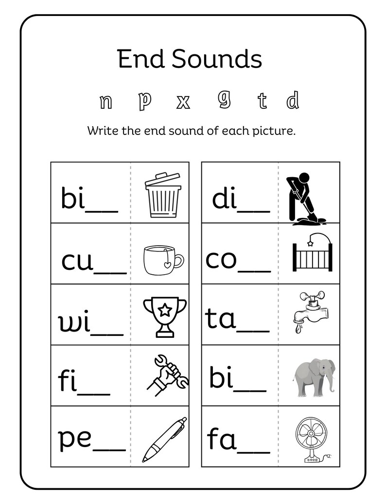 Phonics Educational Printable Learn to Read Word End Sound Kindergarten ...