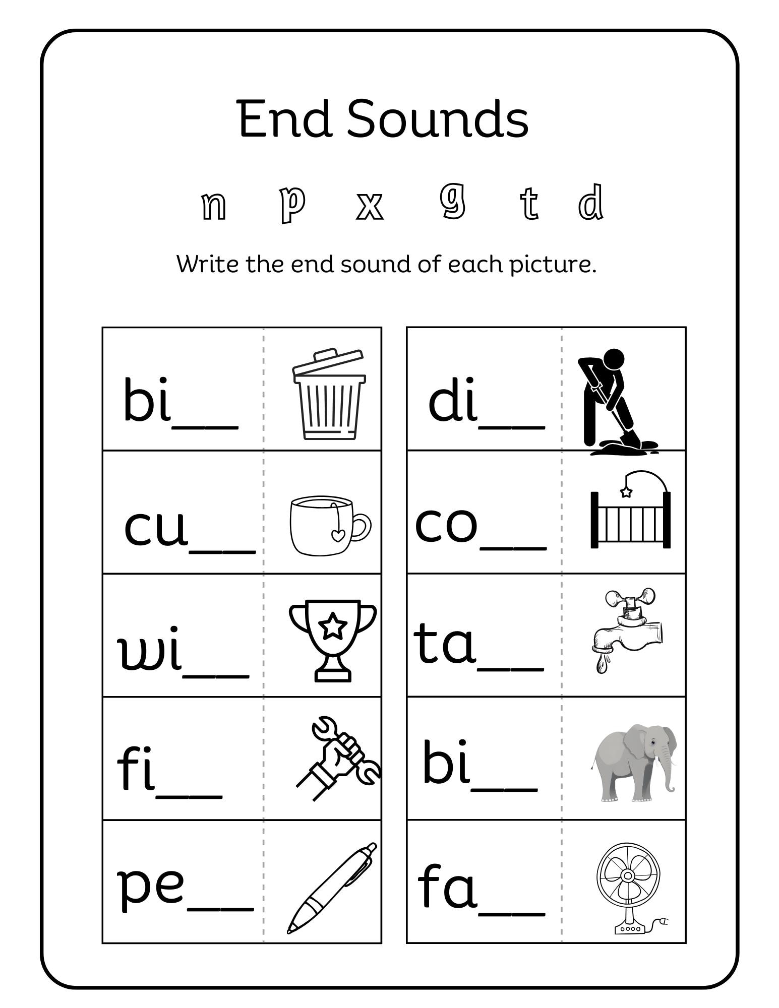 Phonics Educational Printable Learn to Read Word End Sound Kindergarten ...