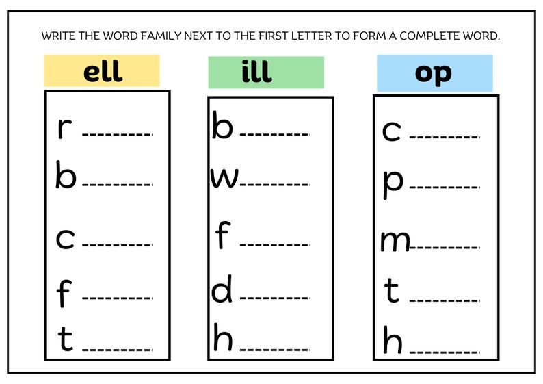 Phonics Word Family Worksheets, Printable Reading Practice, Educational ...