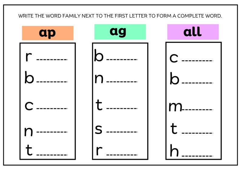 Phonics Word Family Worksheets, Printable Reading Practice, Educational ...