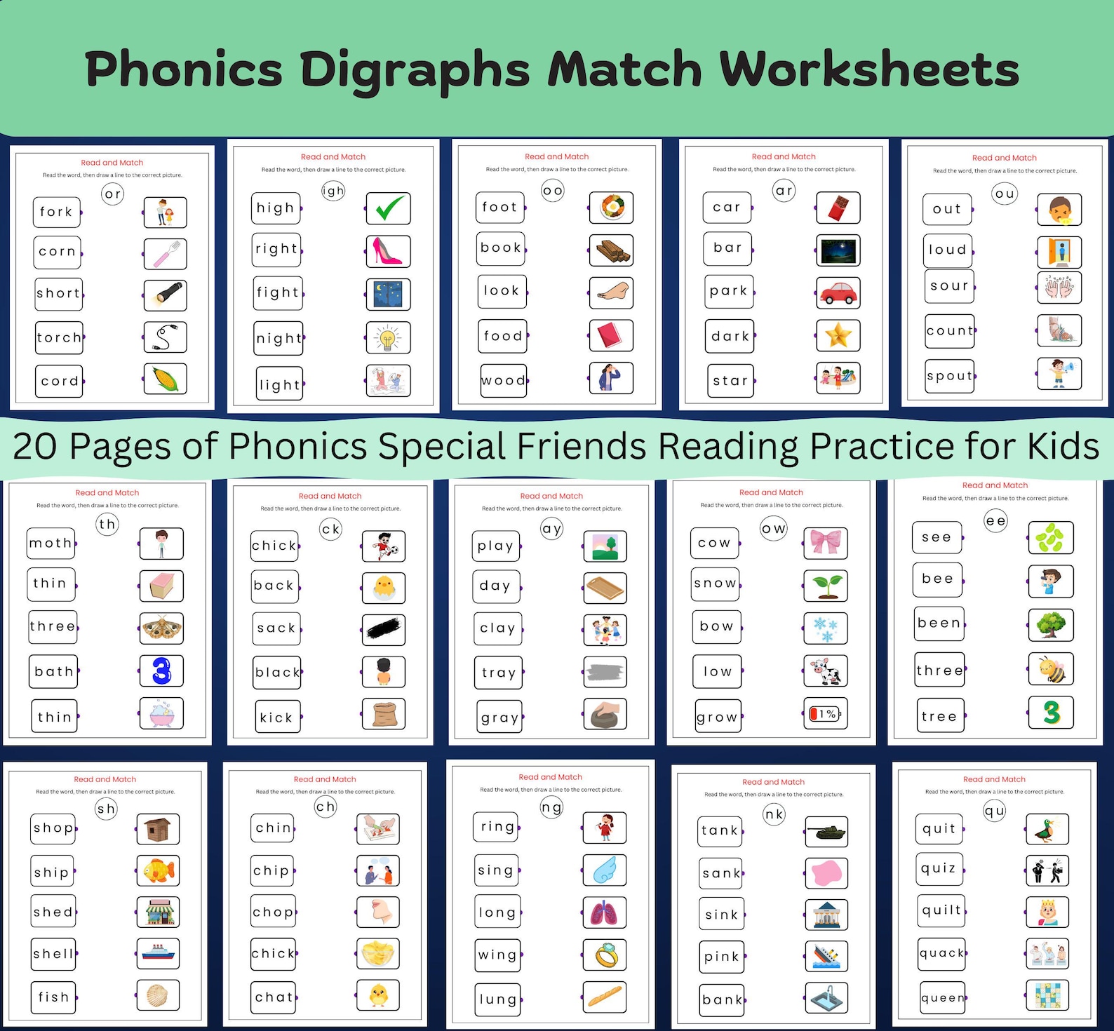 Phonics Digraphs Match: Reading Worksheets for Kids (PDF) - Etsy