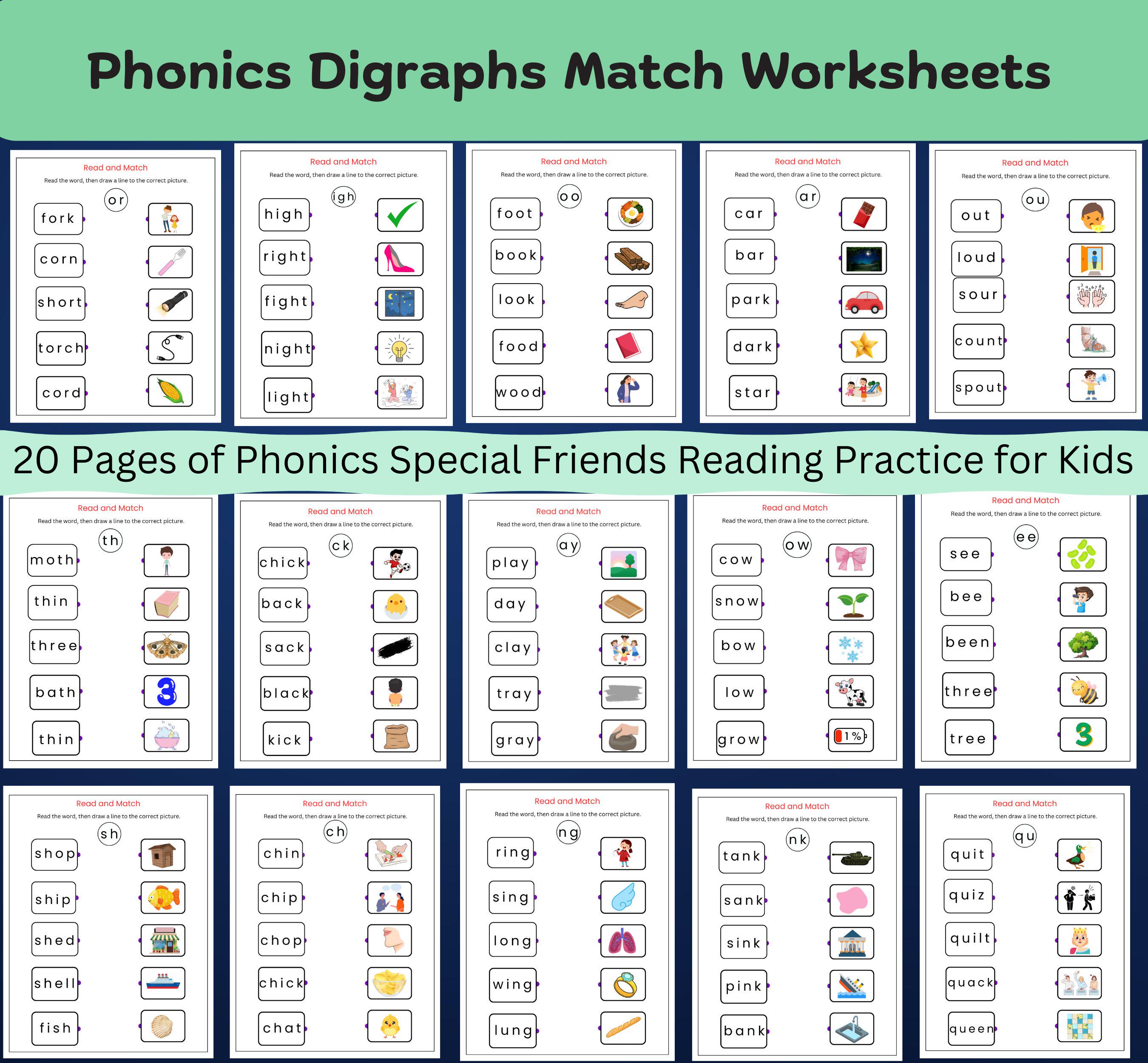 Phonics Digraphs Match: Reading Worksheets for Kids (PDF) - Etsy