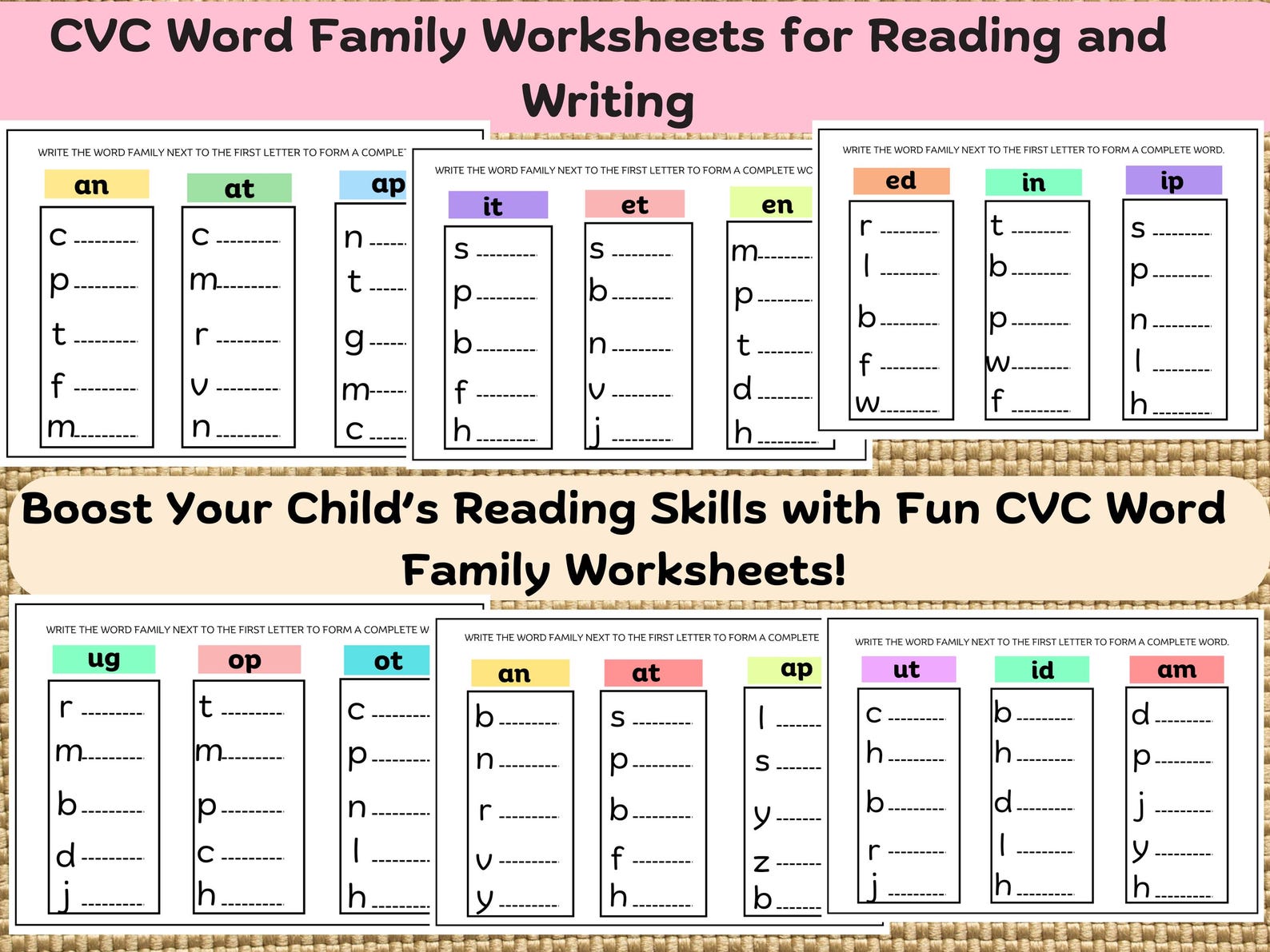 Phonics Word Family Worksheets, Printable Reading Practice, Educational ...