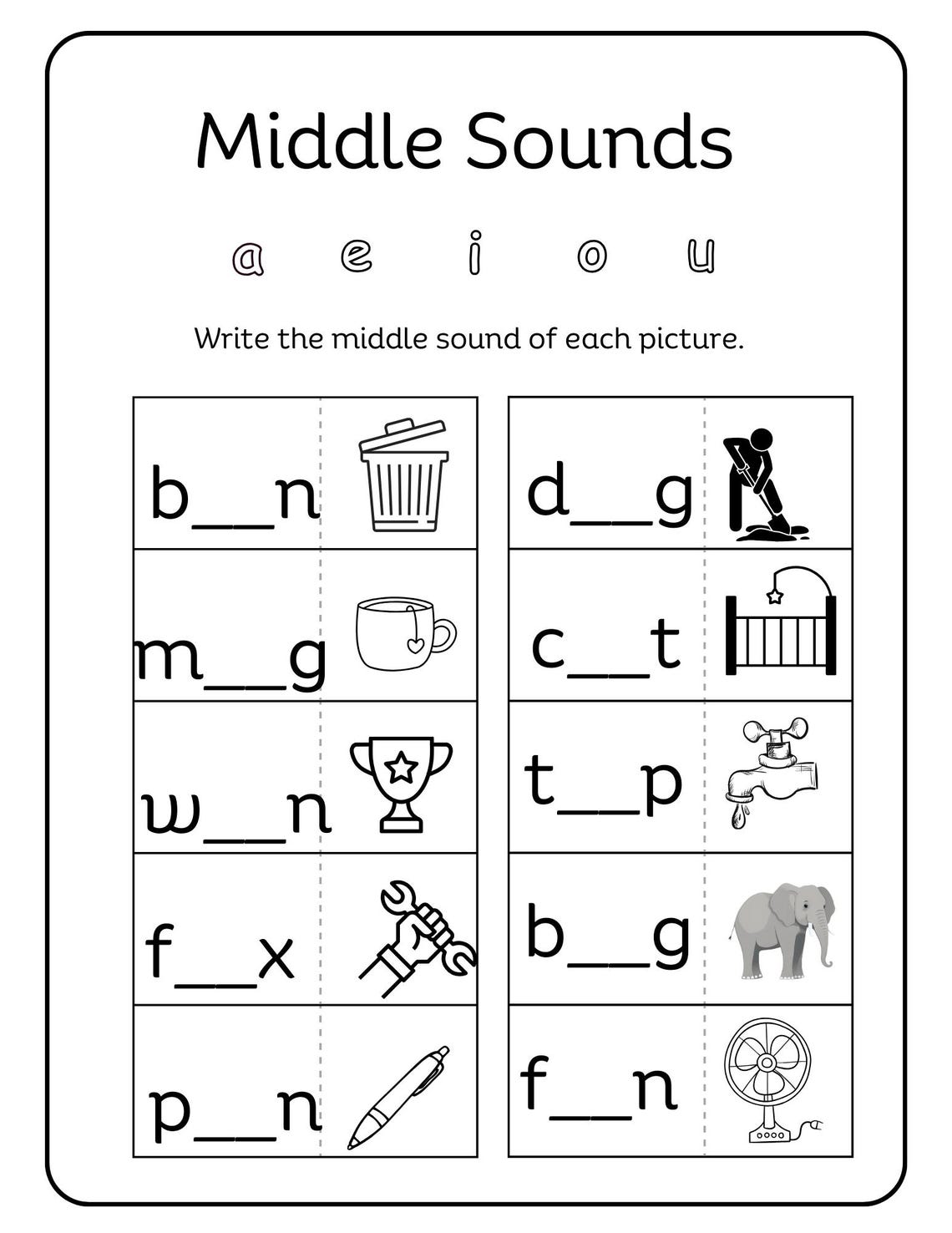Phonics Worksheet, Middle Sound Worksheets, Write the Missing Letter ...