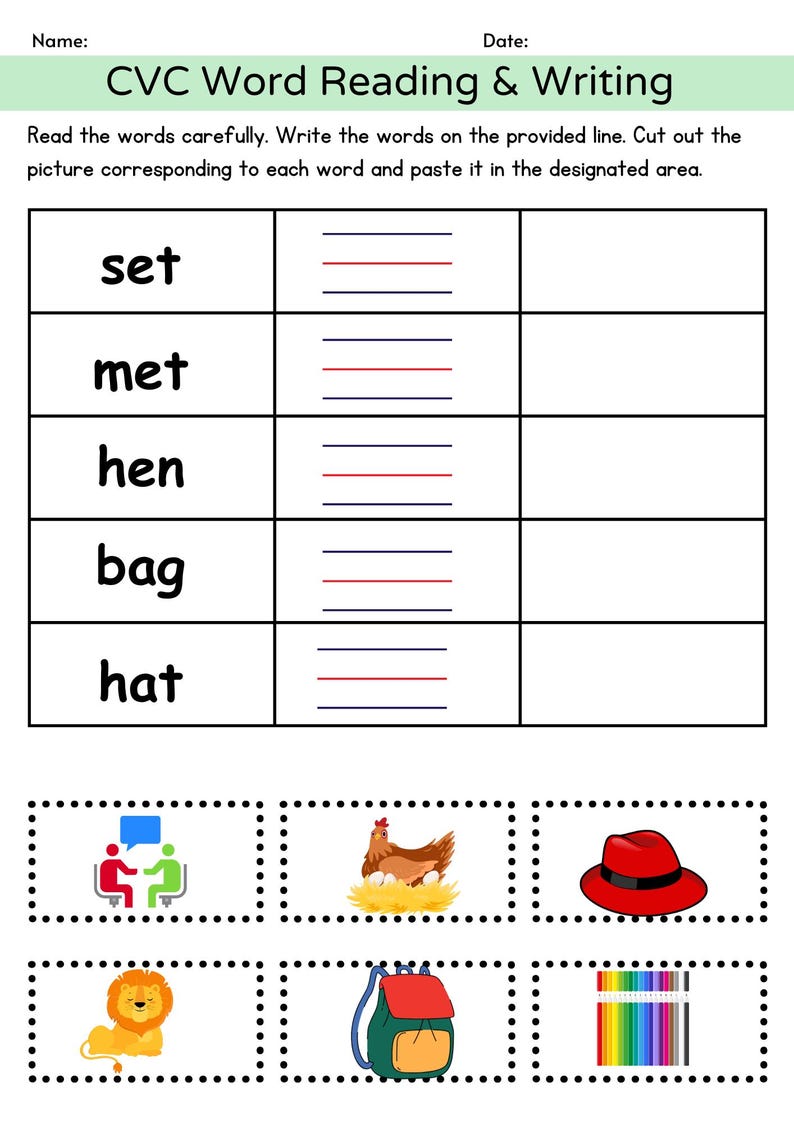 Phonics CVC Words Sheets, Reading and Writing Practice, Kindergarten ...