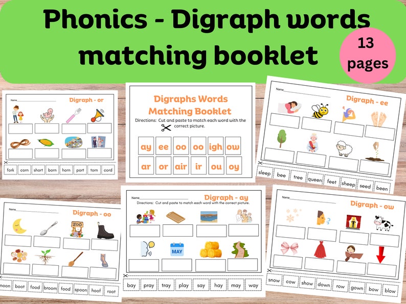 Phonics Digraph Worksheets, Preschool Phonics Picture Matching Sheets ...