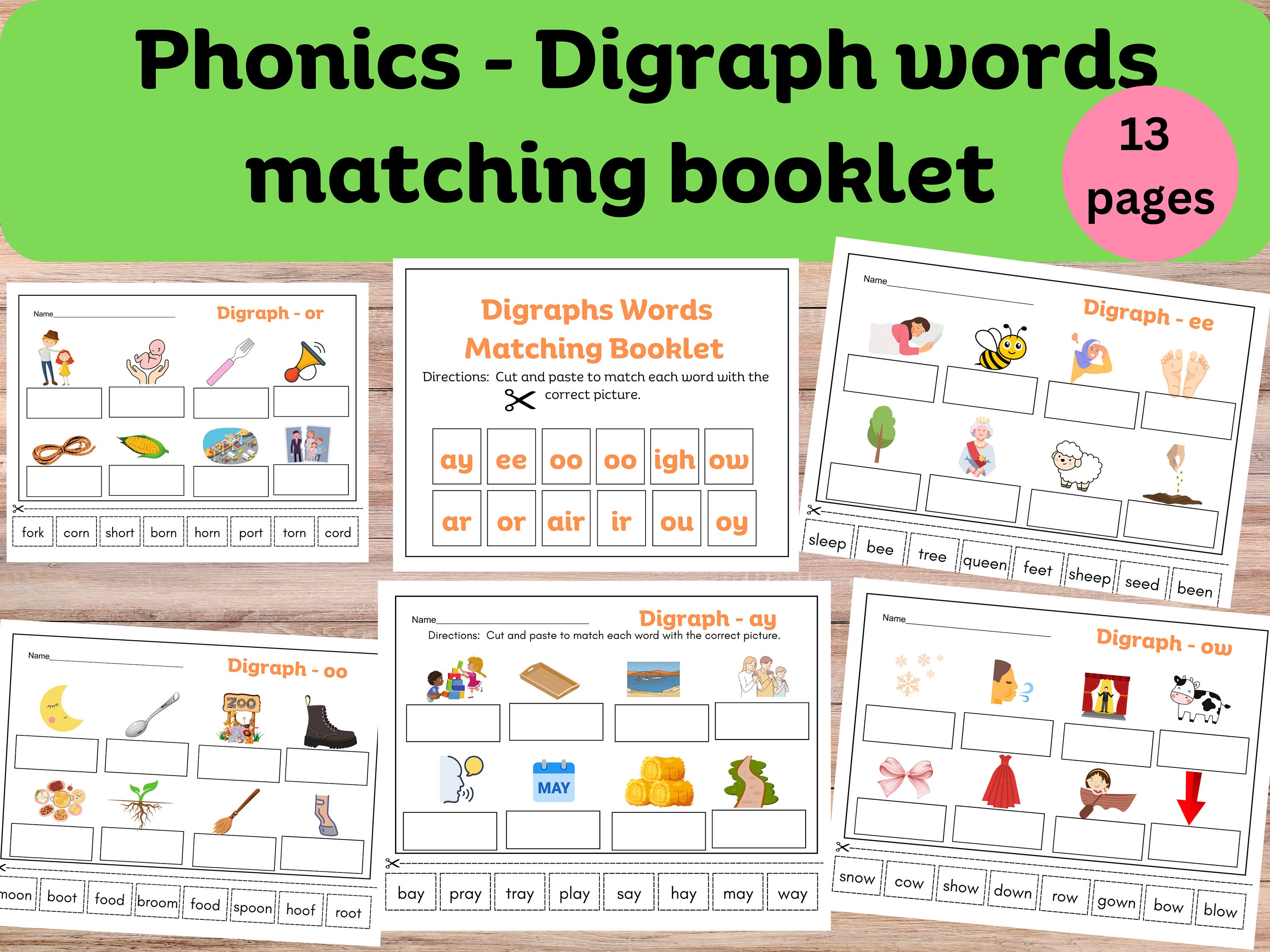 Phonics Digraph Worksheets, Preschool Phonics Picture Matching Sheets ...