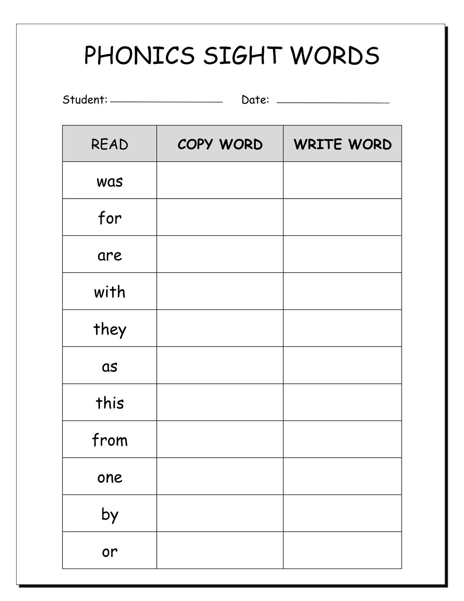 Phonics Sight Words Practice Printable Fry's First Sight Word ...