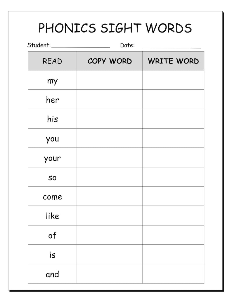 Phonics Sight Words Practice Printable Fry's First Sight Word ...