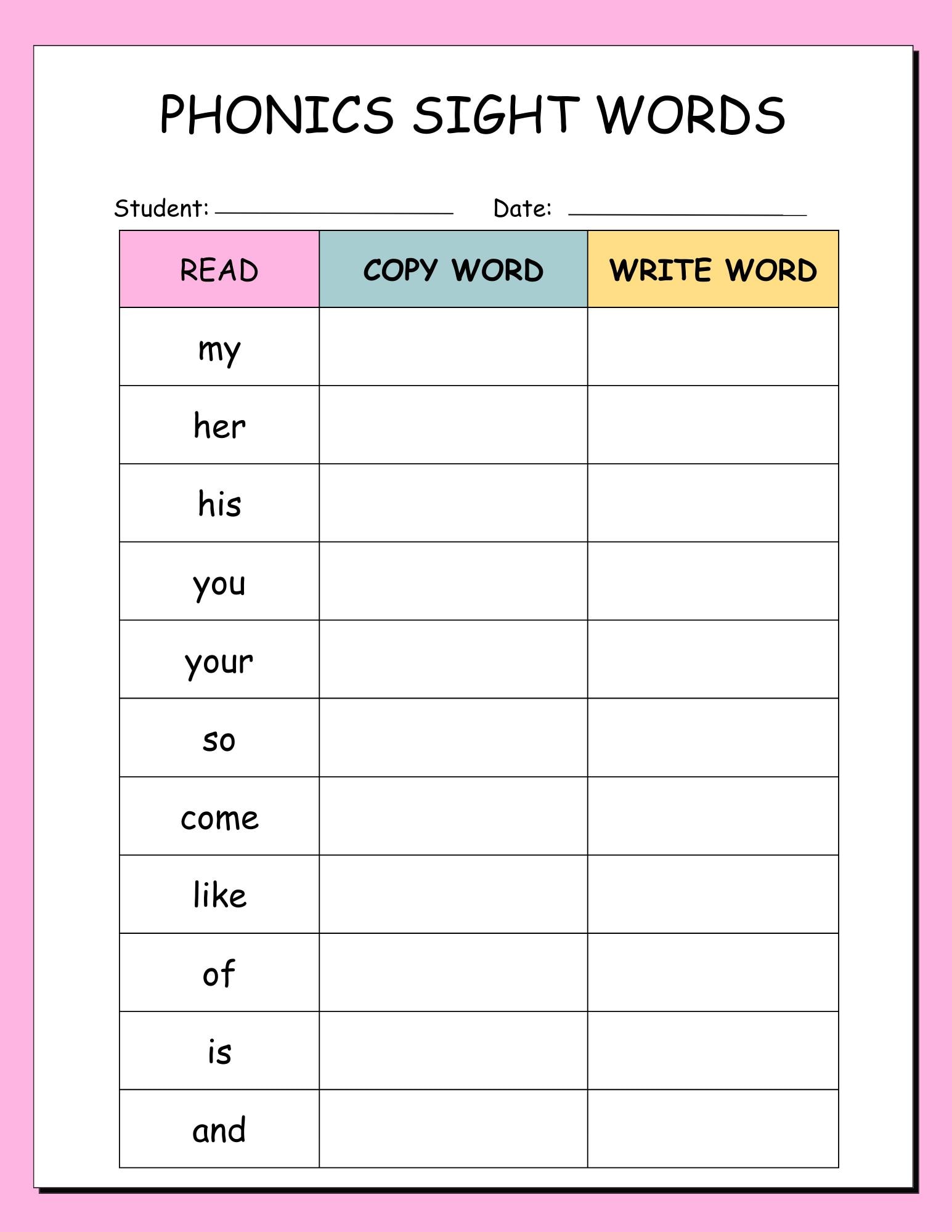 Phonics Sight Words Practice Printable Fry's First Sight Word ...