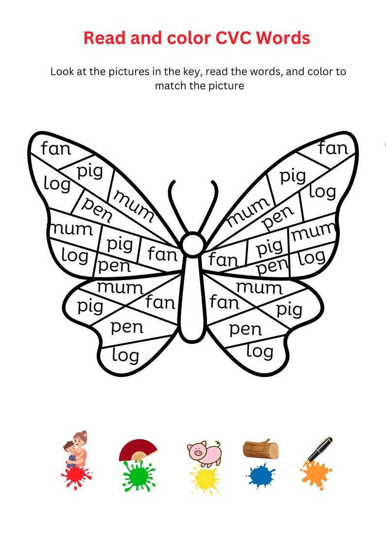 CVC Words Reading and Coloring Activity Sheets: Phonics Practice ...
